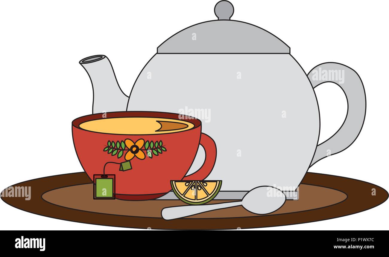 teapot and cup spoon lemon slice tea bag on tray vector illustration ...