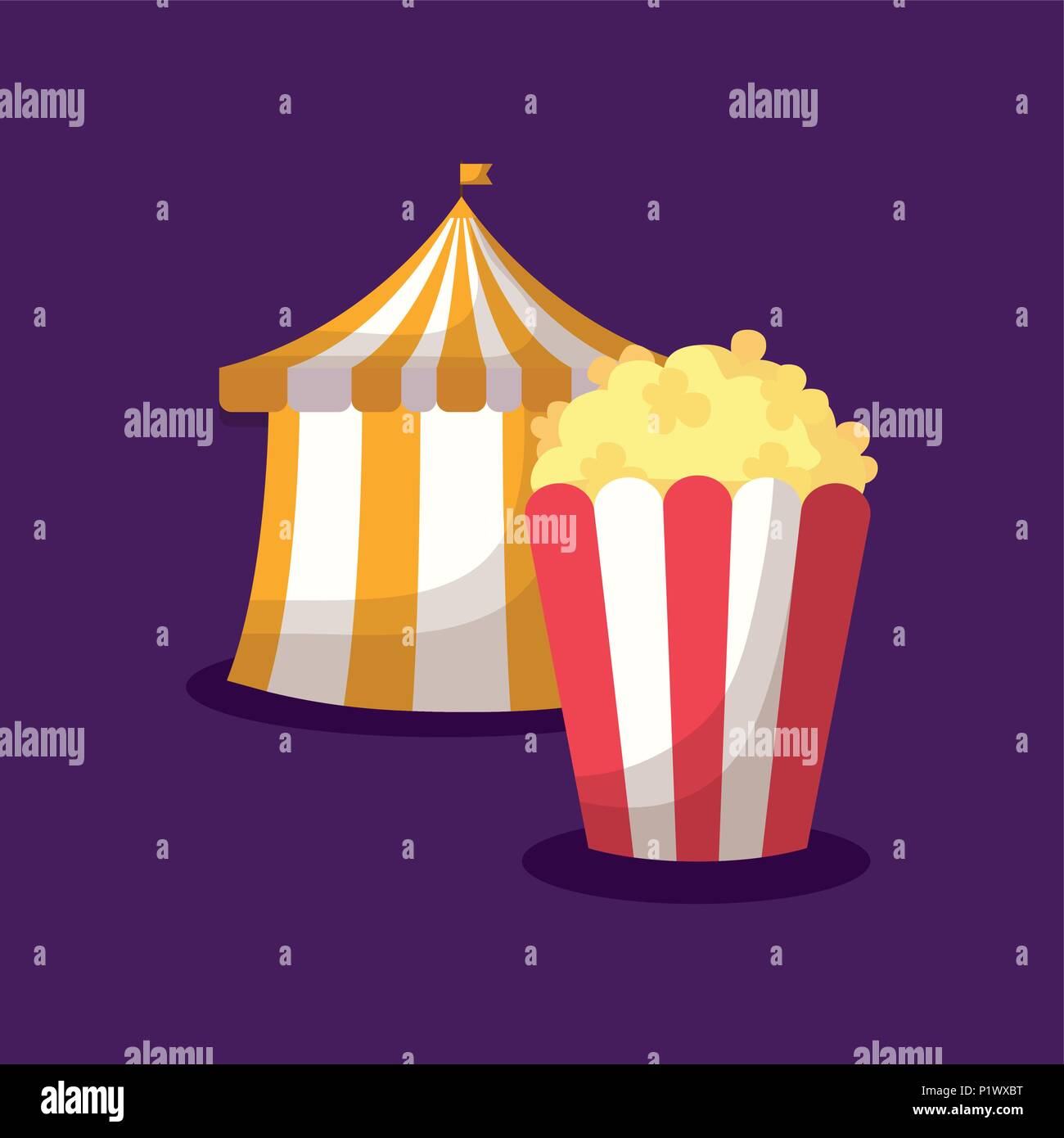 circus tent with pop corn over purple background, colorful design ...
