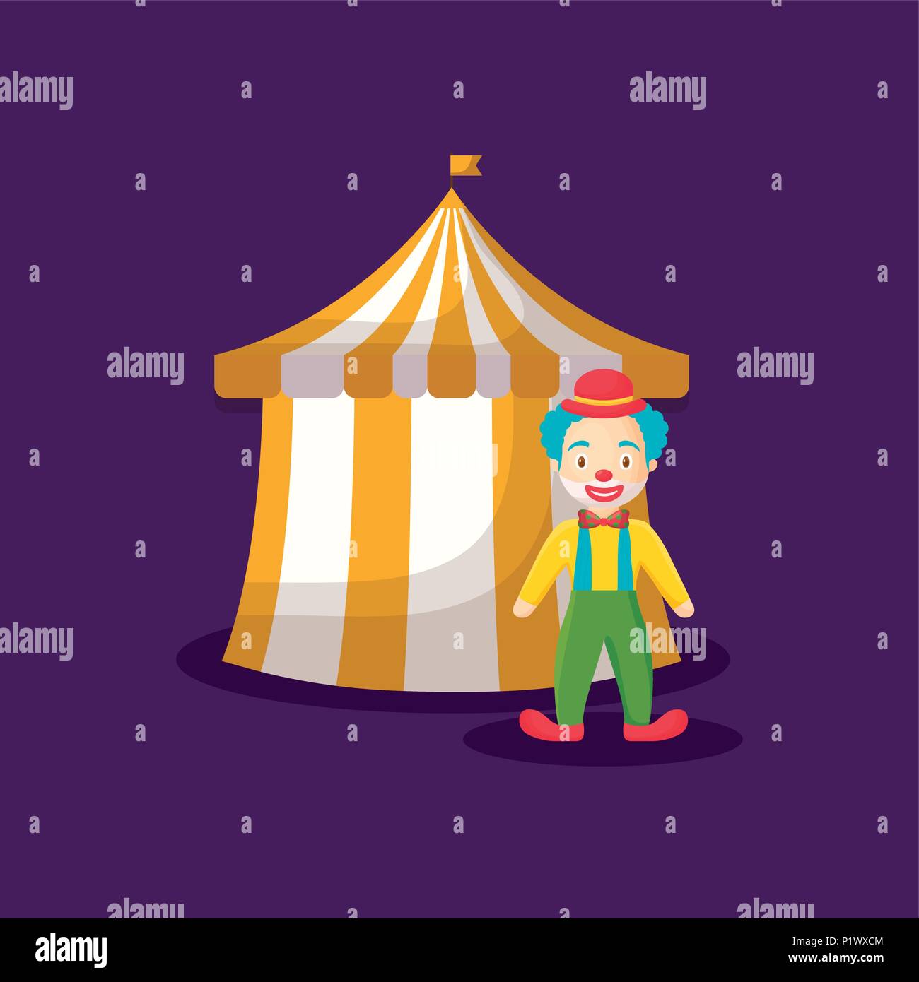 circus tent with cartoon clown over purple background, colorful design ...