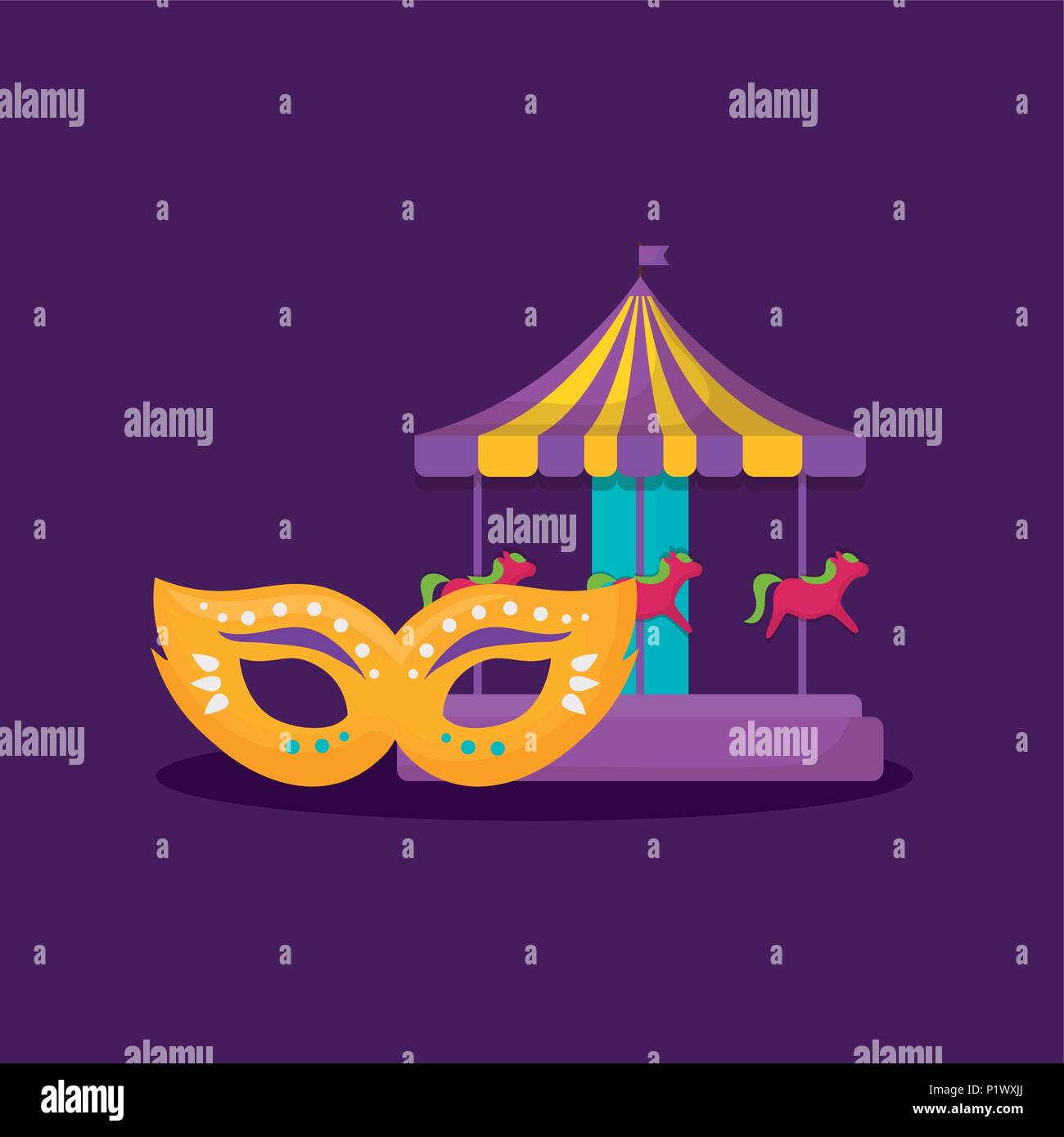 Carnival mask and carousel over purple background, colorful design ...