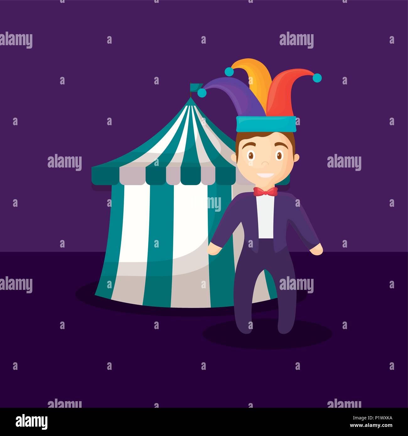 circus tent with ringmaster man over purple background, colorful design ...