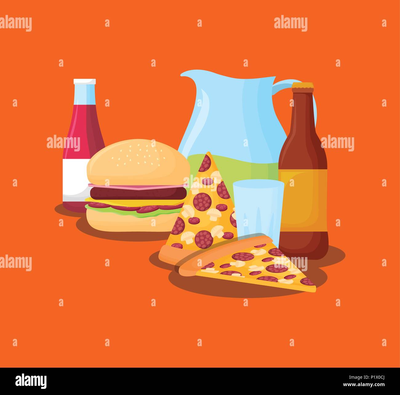 pizzas and hamburger with lemonade pitcher over orange background ...