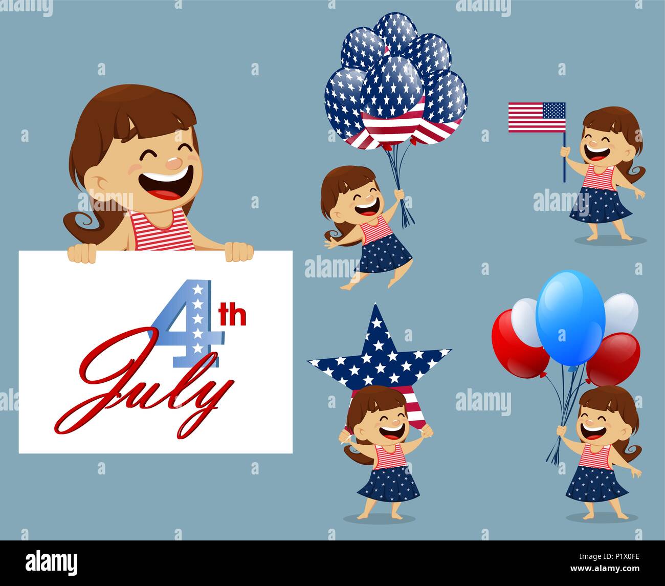 Happy Independence Day greeting card. Set with patriotic smiling girl ...