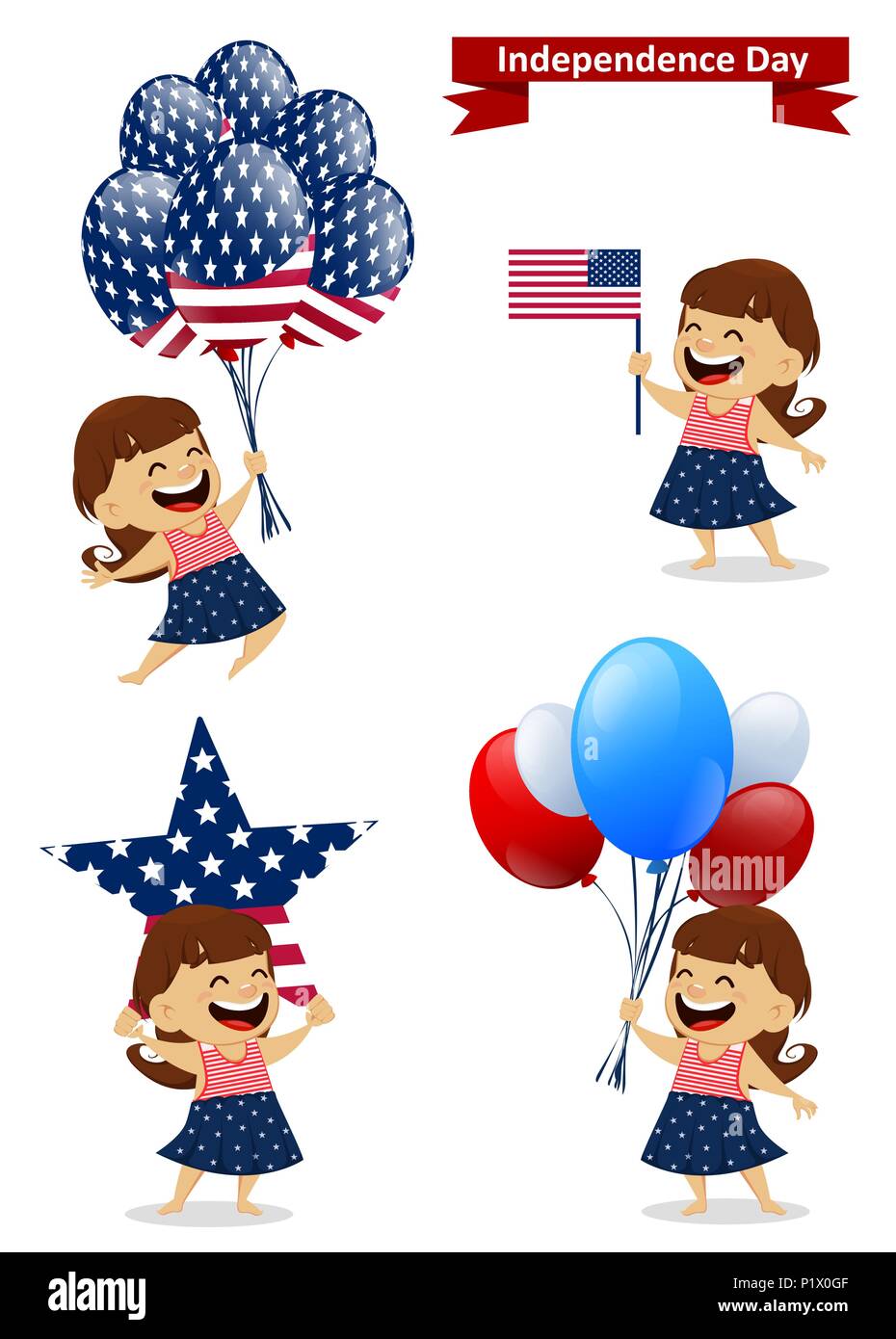 Happy Independence Day greeting card. Set of four poses with patriotic ...