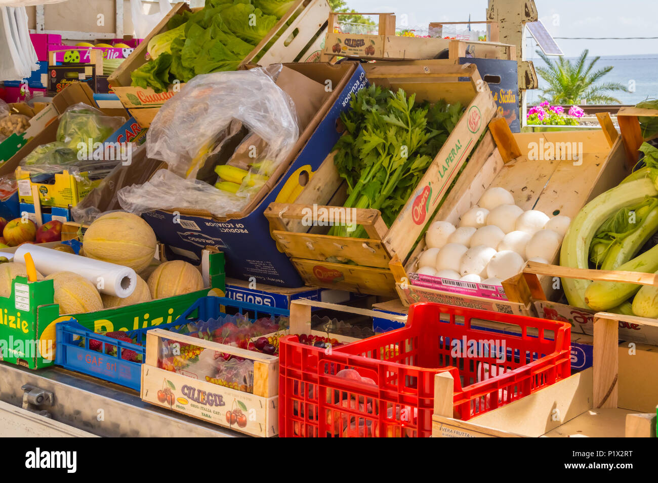 Castel di Tusa,Sicile,Europe-05/06/2018.Display of fruits and ...