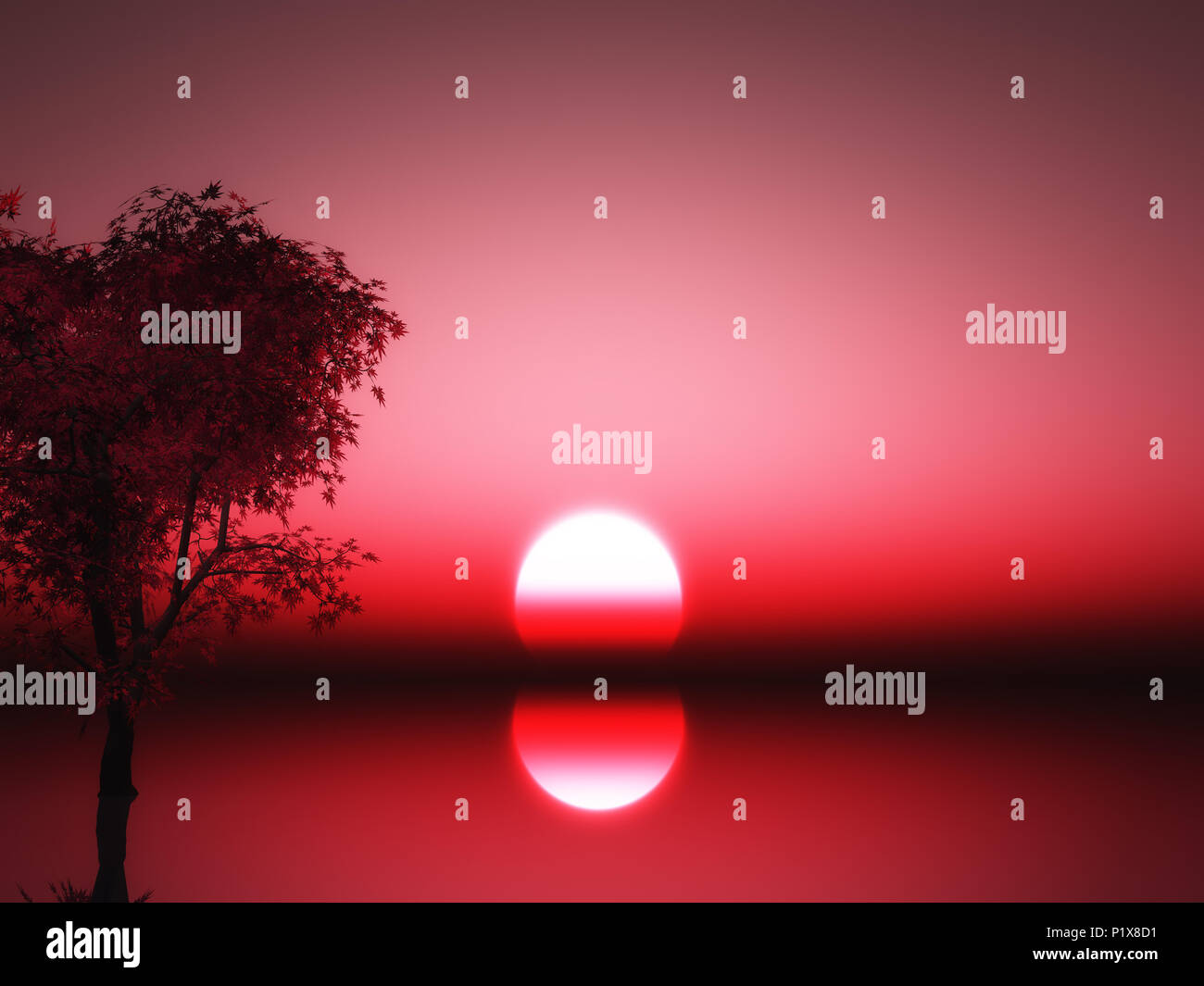 3D render of a Japanese maple tree in the ocean against a sunset sky ...