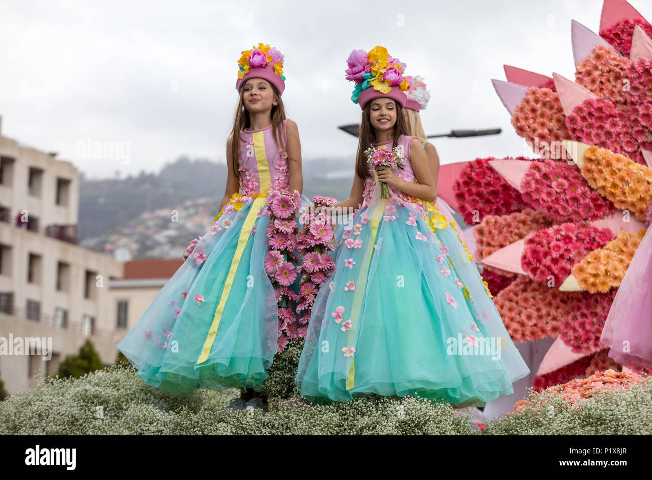 Funchal; Madeira; Portugal - April 22; 2018: Girls in colorful costumes ...