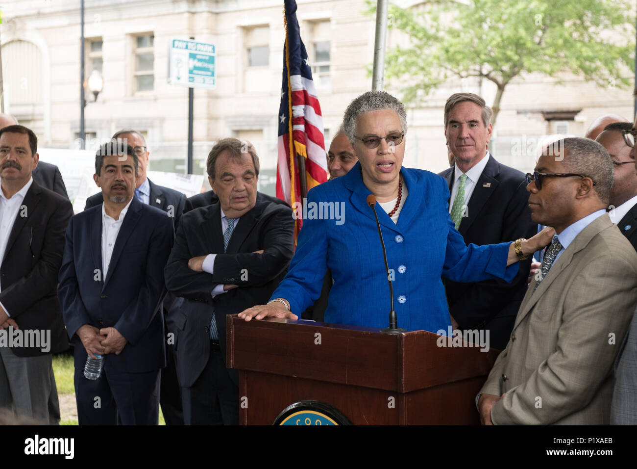 Cook County Board President Toni Preckwinkle speaking at the ...