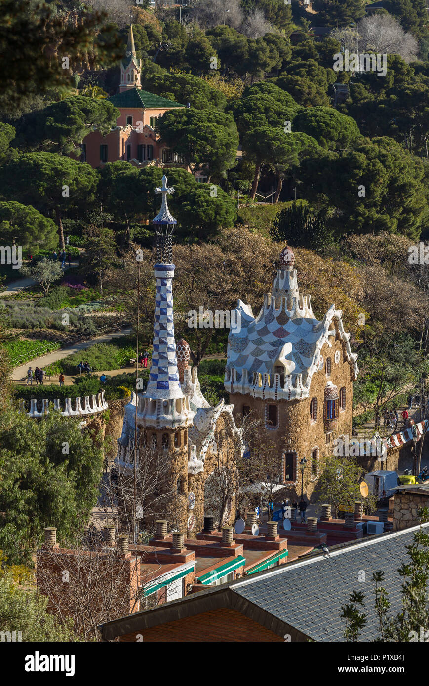 Famous Casa del Guarda in Park Guell in Barcelona, Spain. Top view ...