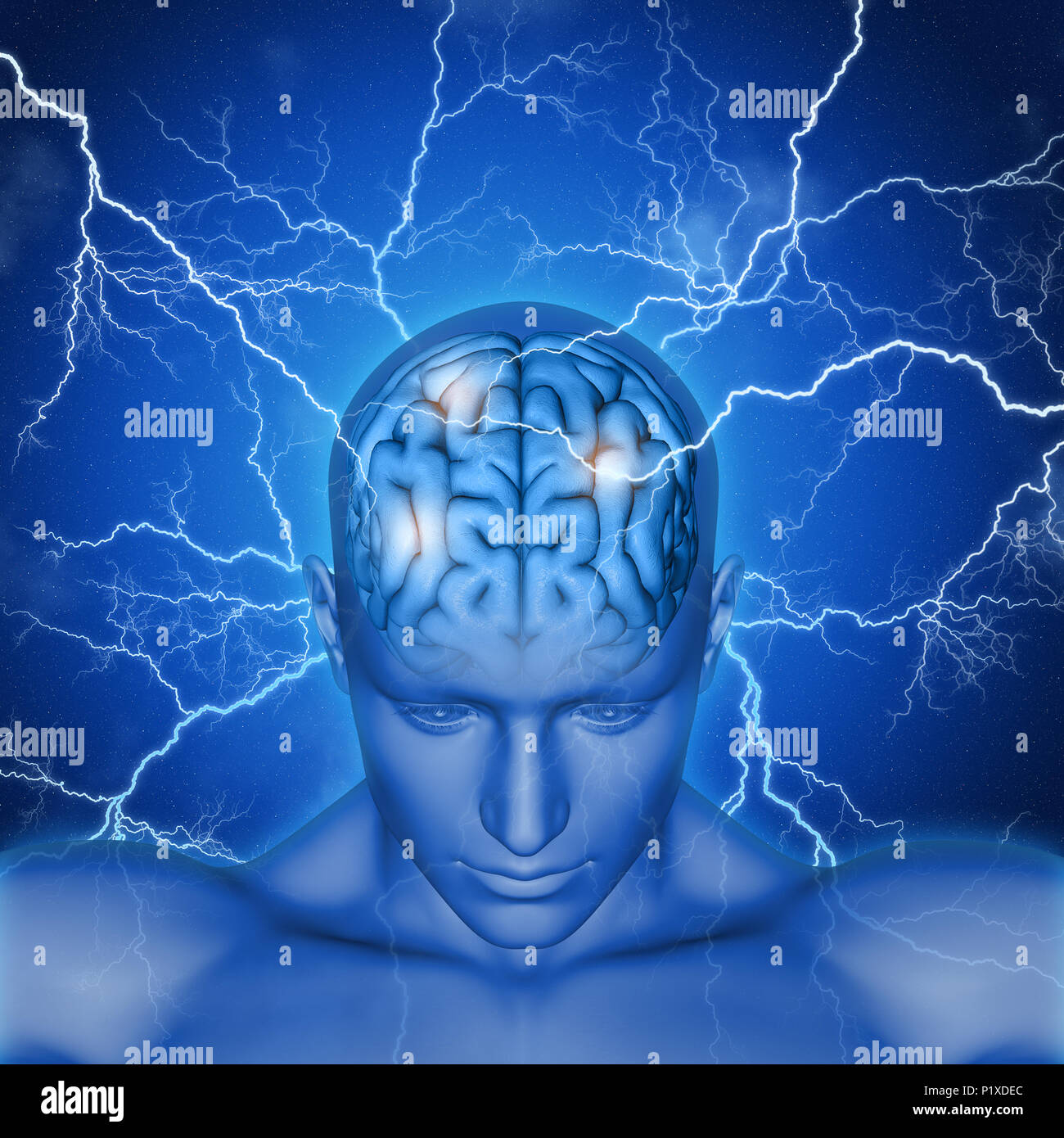 3D render of a male head and brain with lightening bolts Stock Photo ...