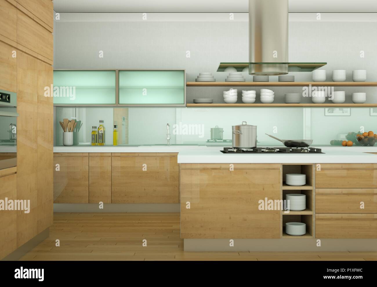 Wooden modern kitchen in a flat with beautiful design Stock Photo - Alamy