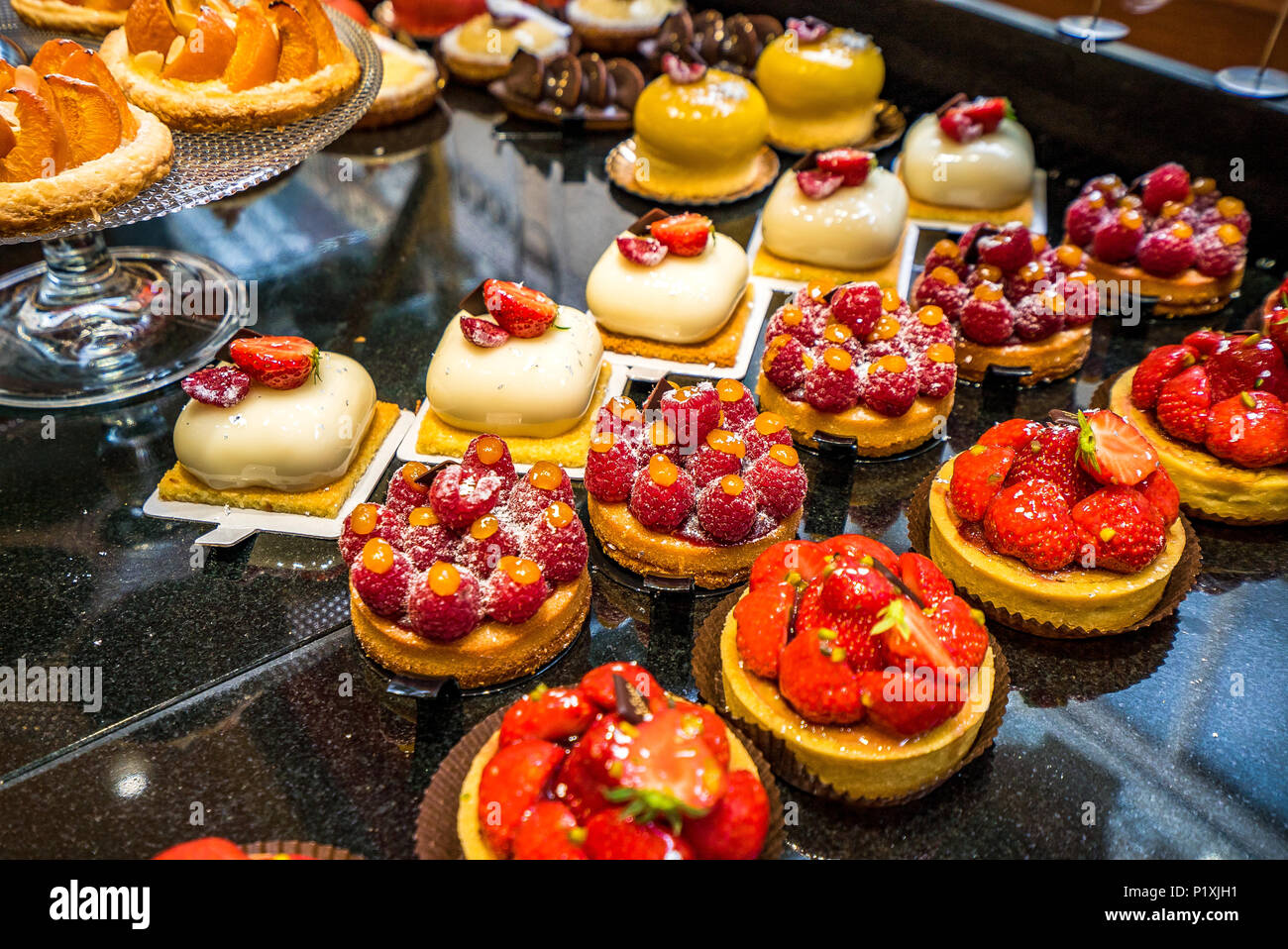 French pastries on display in a tea house, Le Valentin Jouffroy ...
