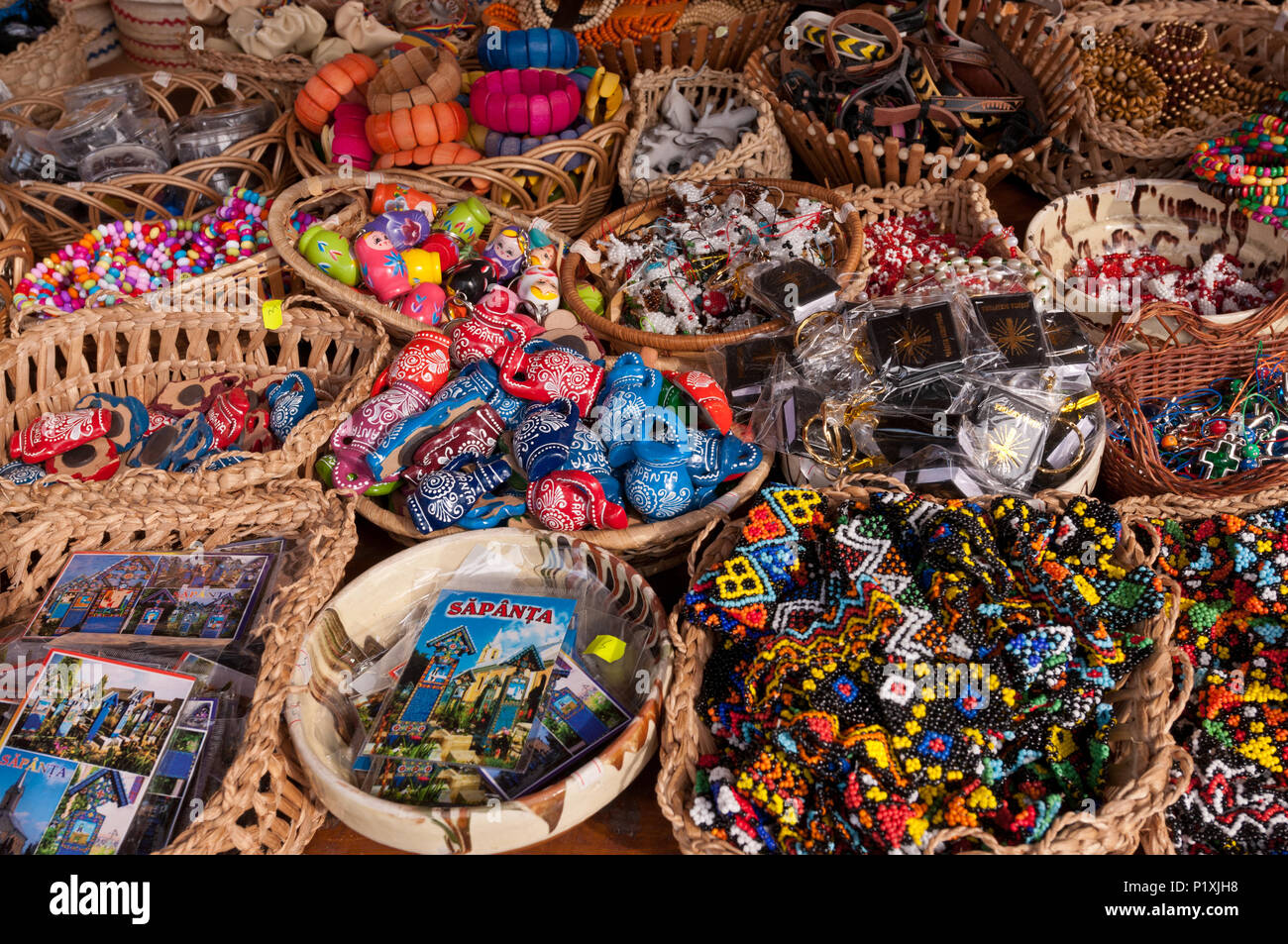 Souvenirs at bazaar near Merry Cemetery located in Sapanta, Maramures ...