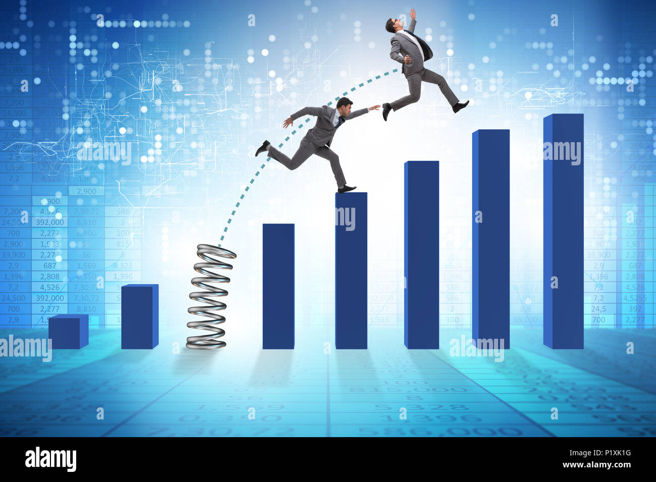 Business people jumping over bar charts Stock Photo - Alamy