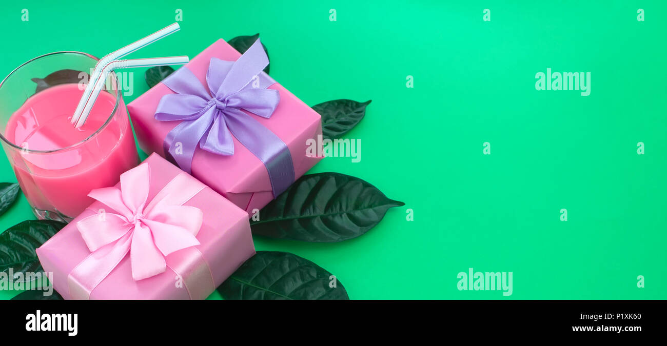 Banner Holiday poster Boxes with gifts a glass of milkshake a bright ...