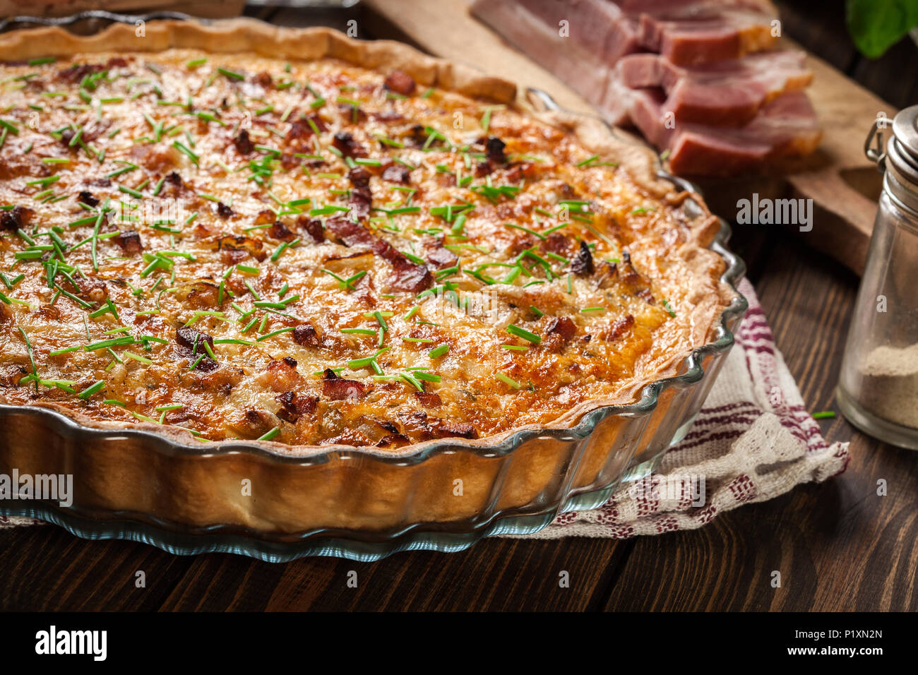 Homemade quiche lorraine with bacon and cheese. French cuisine Stock ...