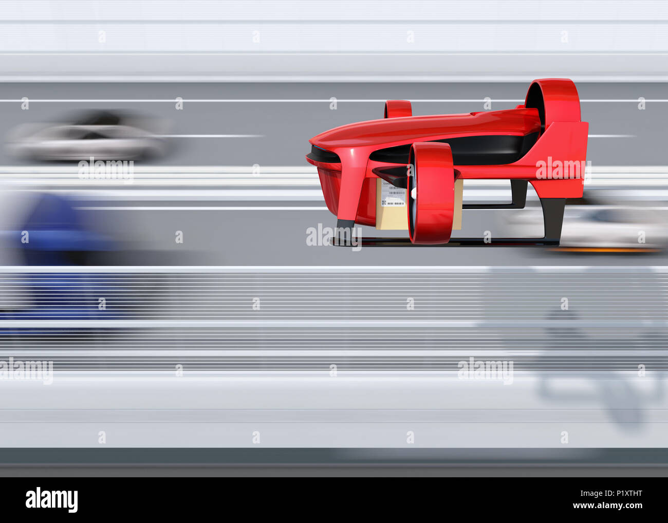 Side view of red VTOL drone carrying delivery packages flying beside ...