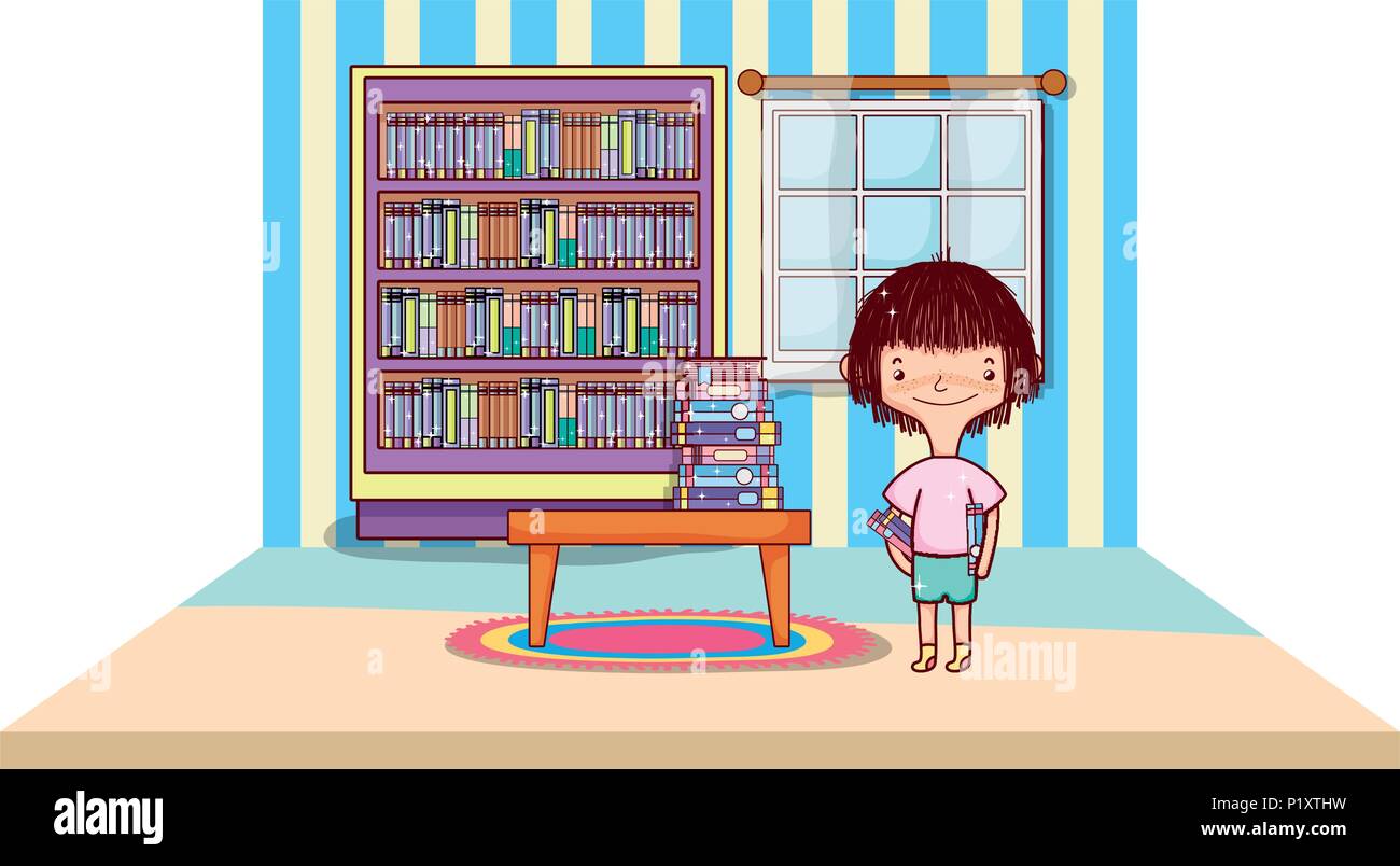 boy with books organized in the bookcase and table Stock Vector Image ...