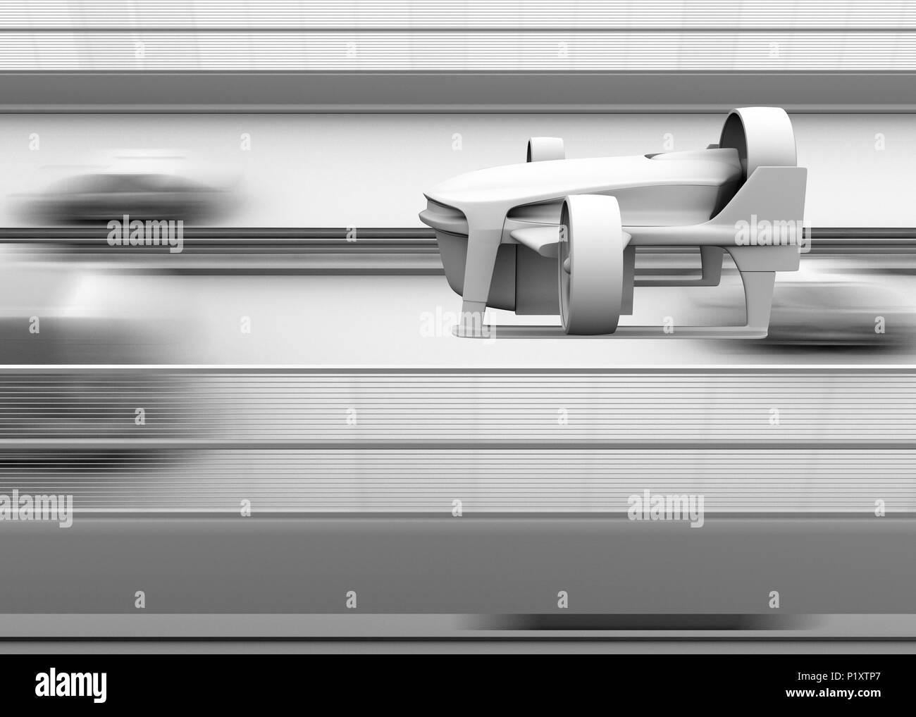 Clay rendering VTOL drone with delivery packages flying beside highway ...