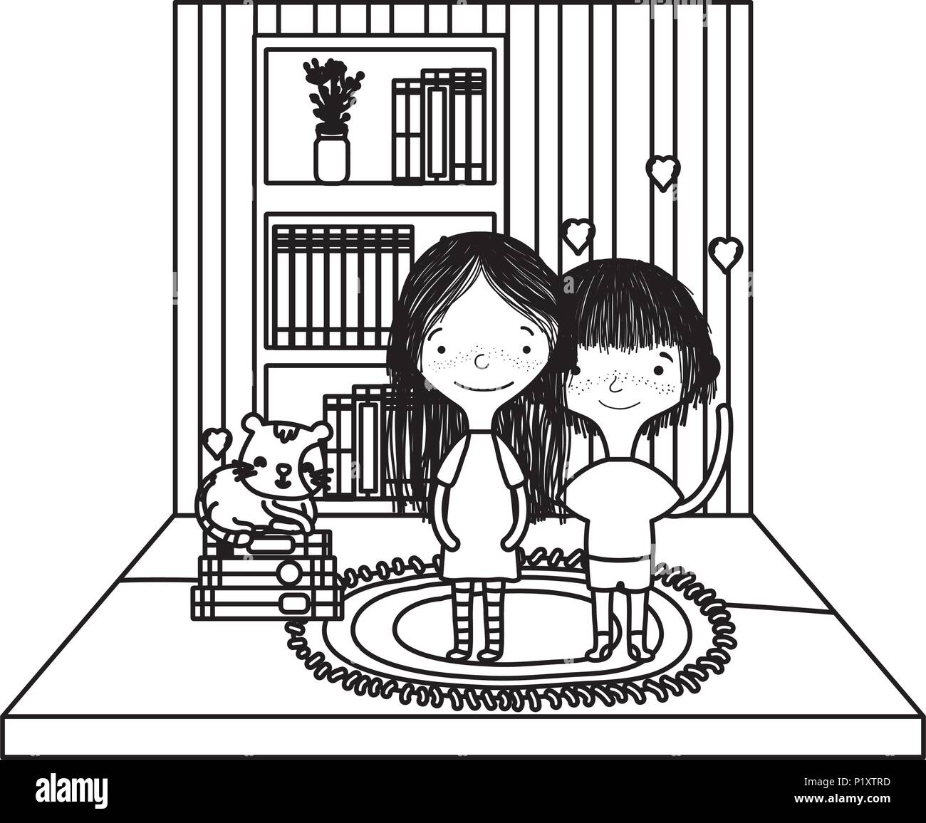 line children with books organized in the bookcase and cat Stock Vector ...