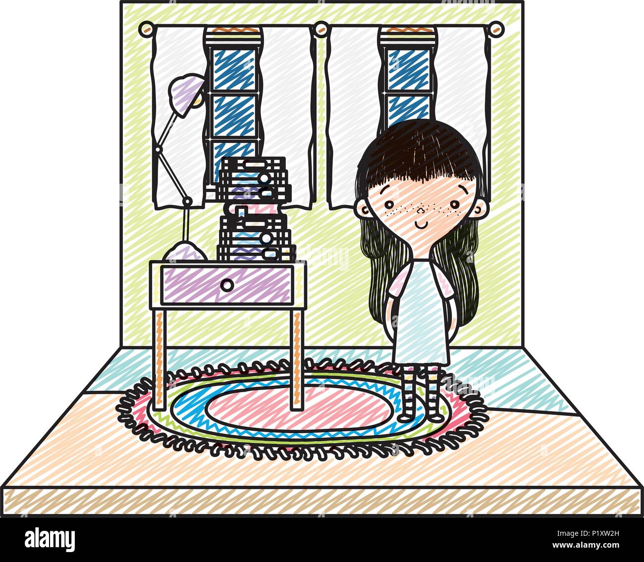 Doodle Happy Girl With Lamp And Books Over Desk Stock Vector Image And Art Alamy
