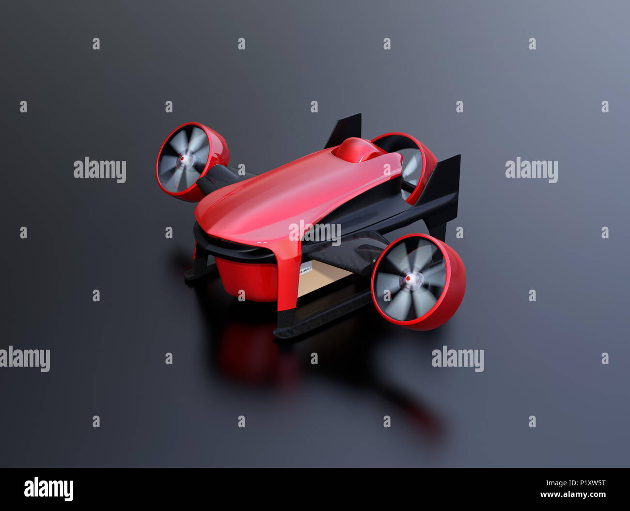 Red VTOL drone with delivery packages on black background. 3D rendering ...
