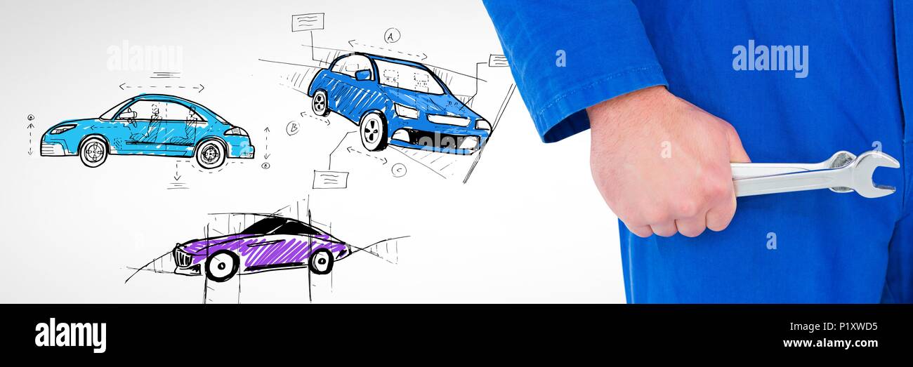Mechanic holding wrench with sketch of cars hand drawing Stock Photo ...