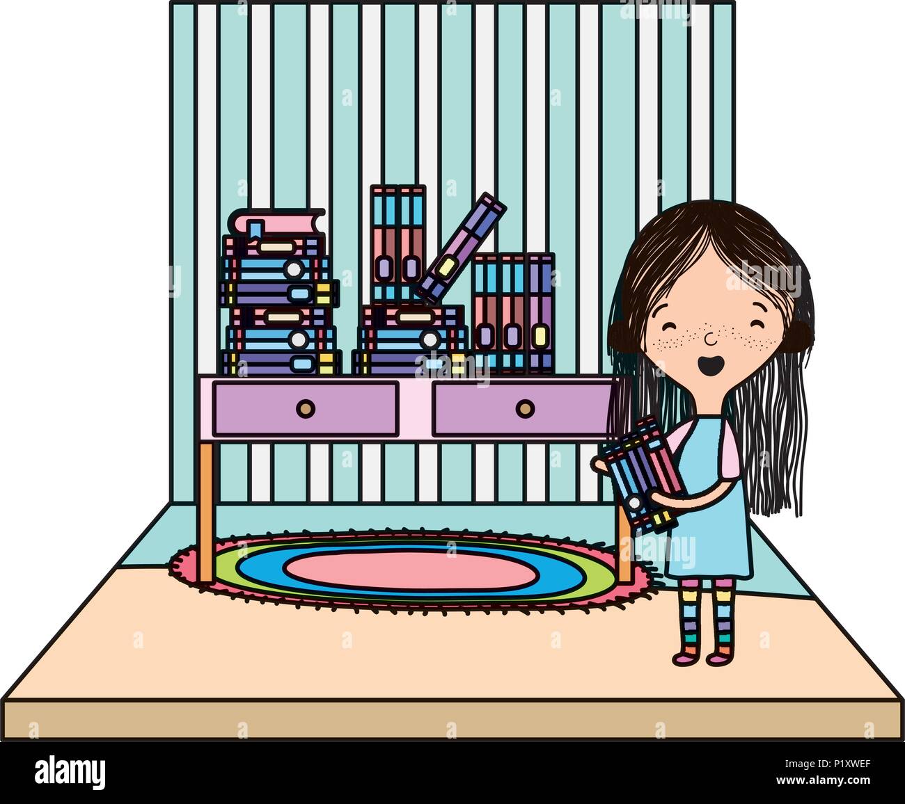 Color Happy Girl With Books Over Desk Object Stock Vector Image And Art Alamy