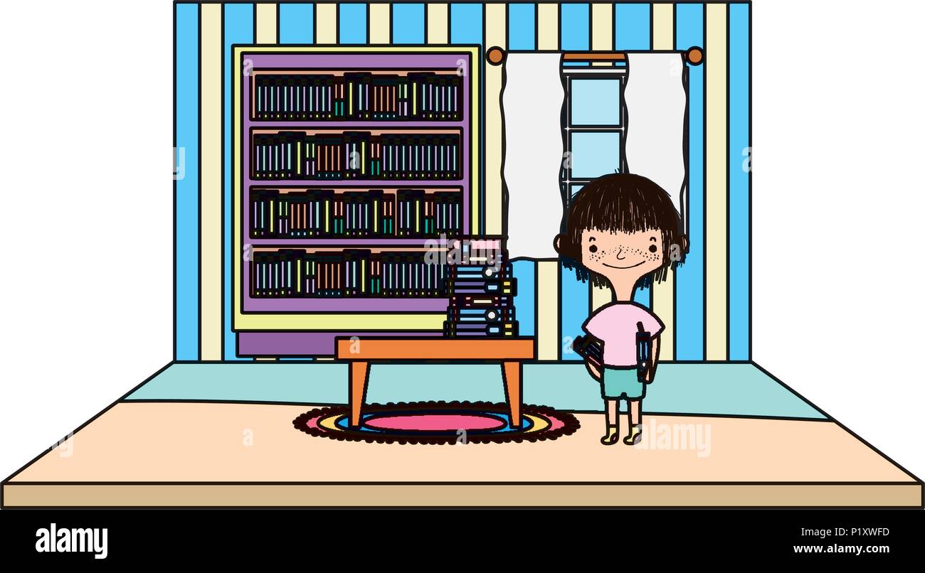 color boy with books organized in the bookcase and table Stock Vector ...