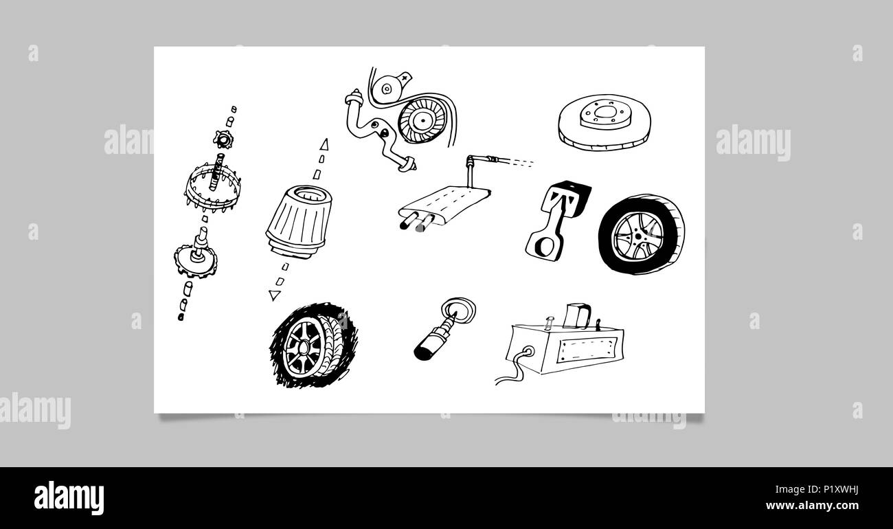 Sketch of car mechanic elements hand drawing Stock Photo - Alamy