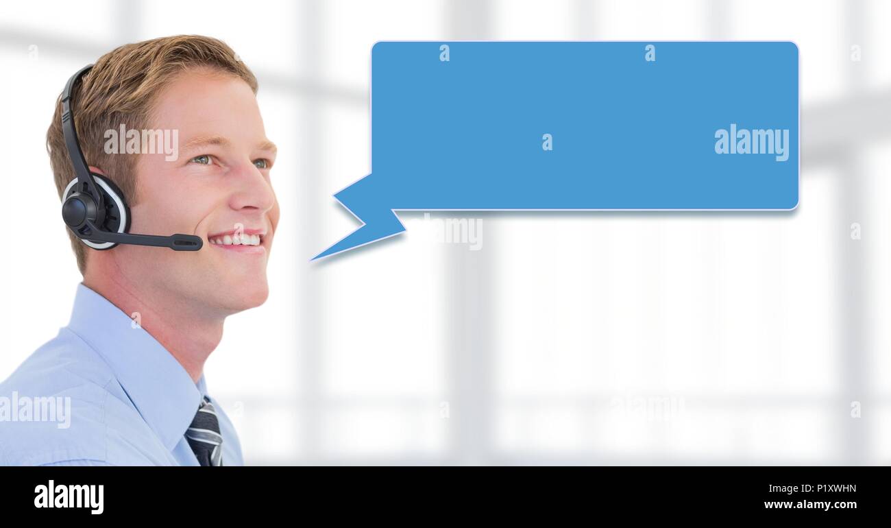 Customer service man with chat bubble Stock Photo - Alamy