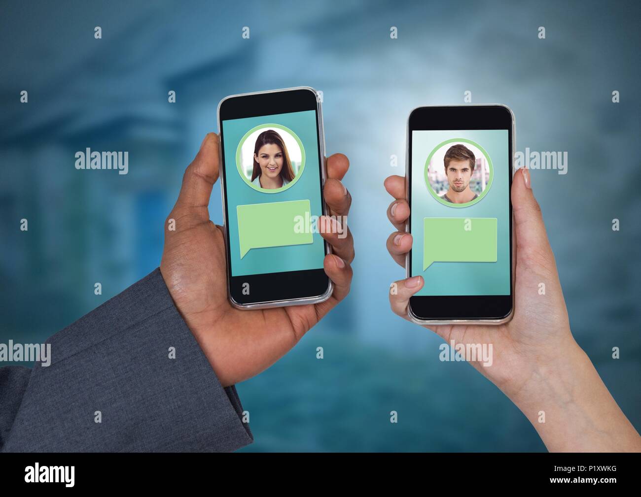 Messaging App on phone in two hands with chat profiles Stock Photo - Alamy