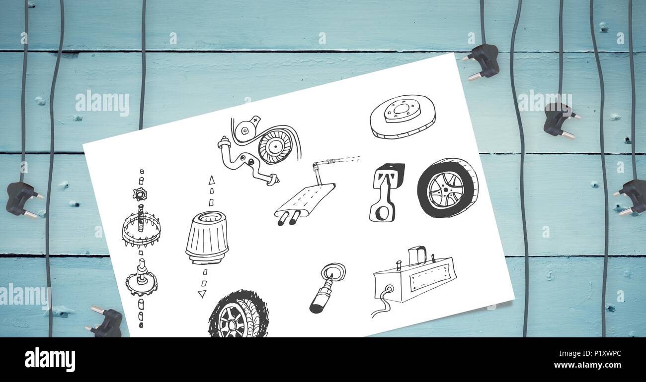 Sketch of mechanical car engineering elements hand drawing Stock Photo ...