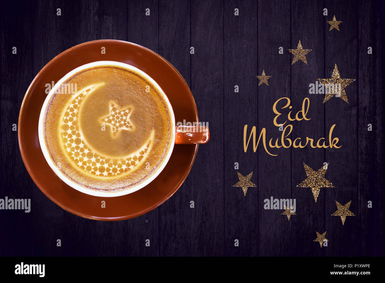 Eid Mubarak Greetings - Moon and star as coffee art Stock Photo - Alamy