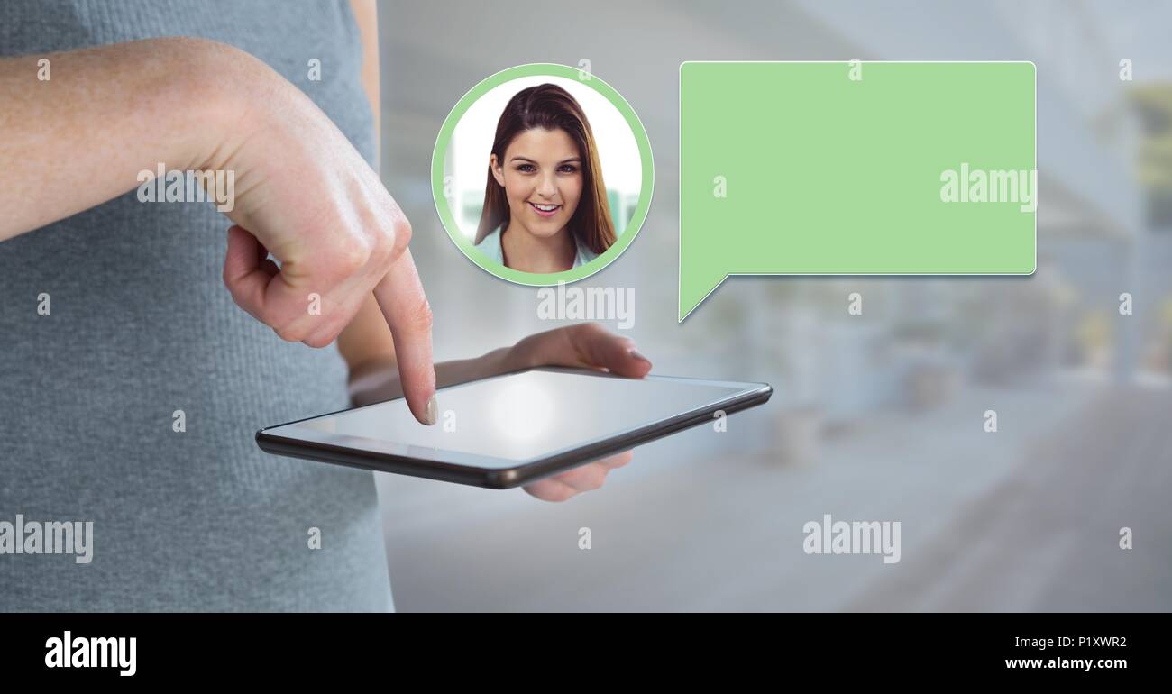 Hand using tablet with chat bubble messaging profile Stock Photo - Alamy
