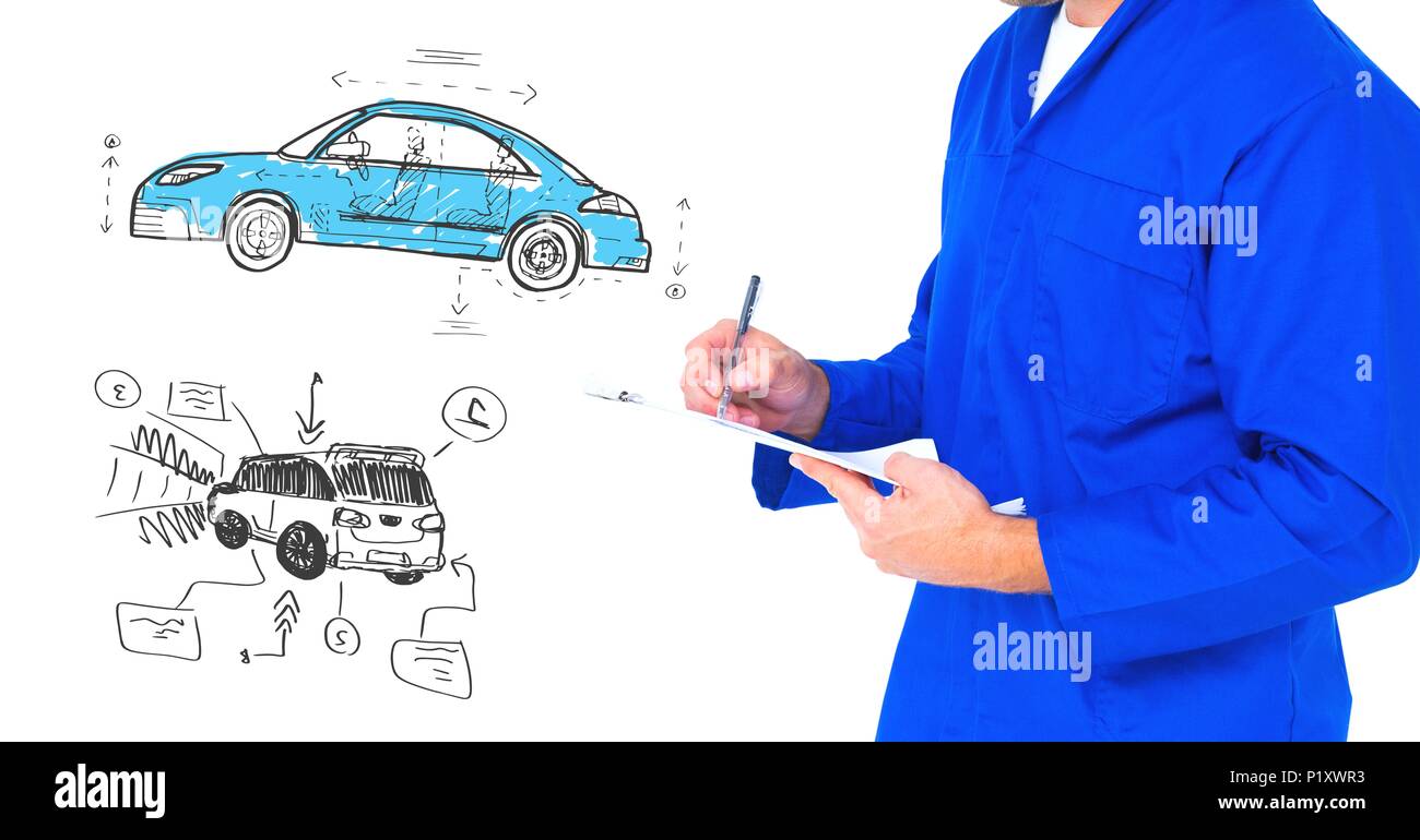 Mechanic with sketch of cars hand drawing Stock Photo - Alamy