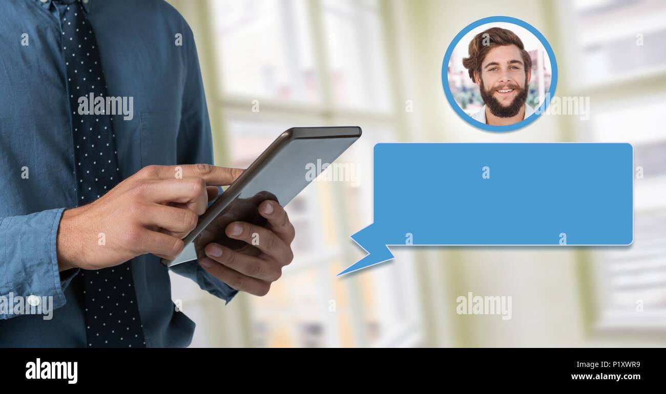 Man using tablet with chat bubble messaging profile Stock Photo - Alamy