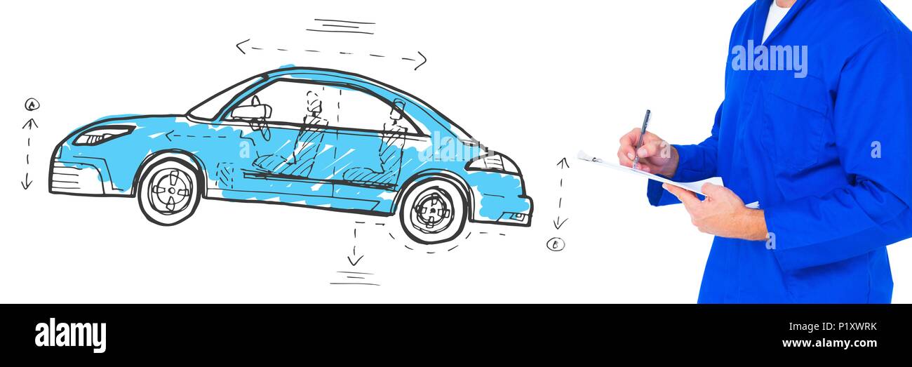 Mechanic with sketch of cars hand drawing Stock Photo - Alamy