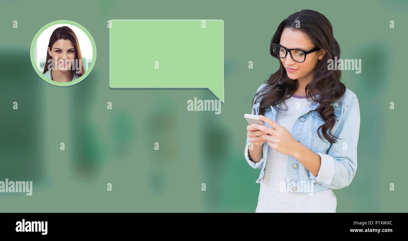 Woman using phone with chat bubble messaging profile Stock Photo - Alamy