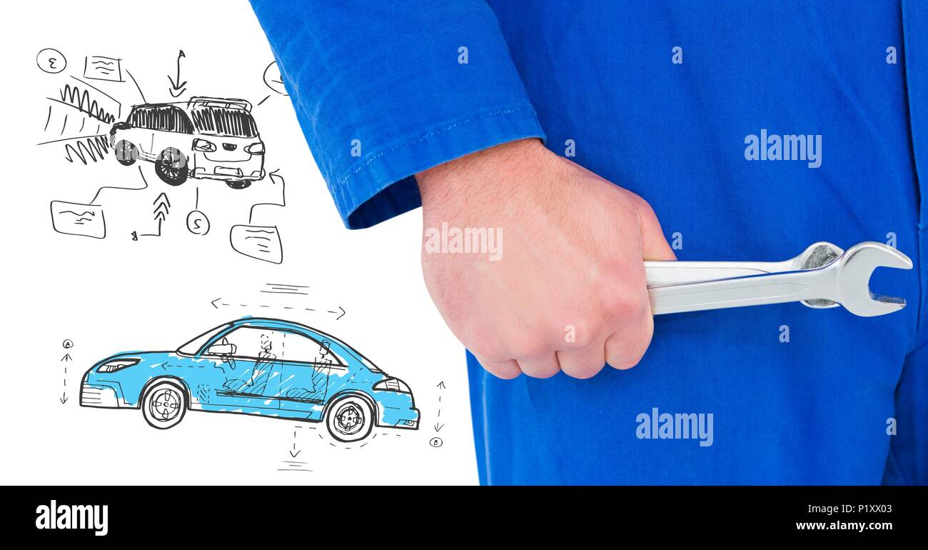 Mechanic with sketch of cars hand drawing Stock Photo - Alamy