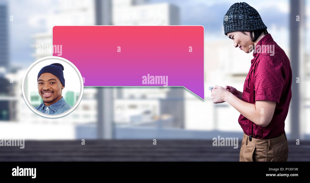 Man using phone with chat bubble messaging profile Stock Photo - Alamy