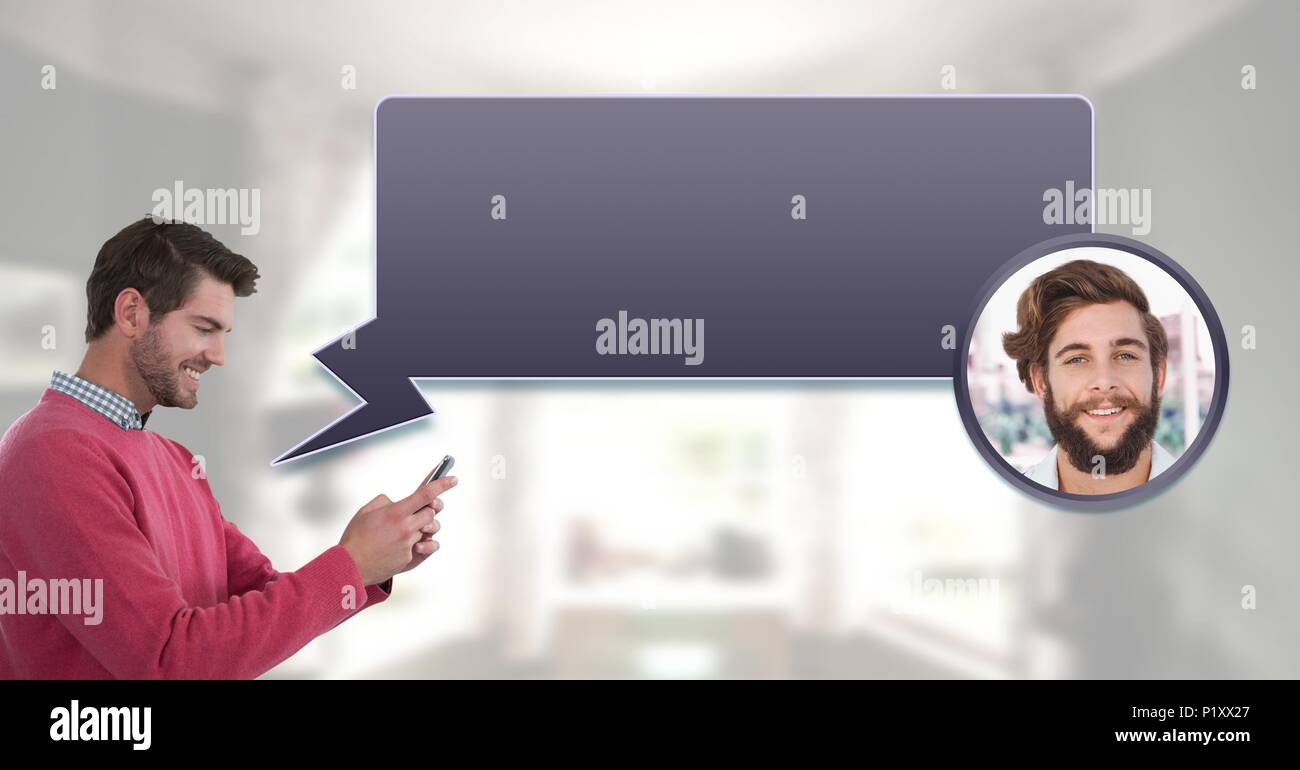 Man using phone with chat bubble messaging profile Stock Photo - Alamy