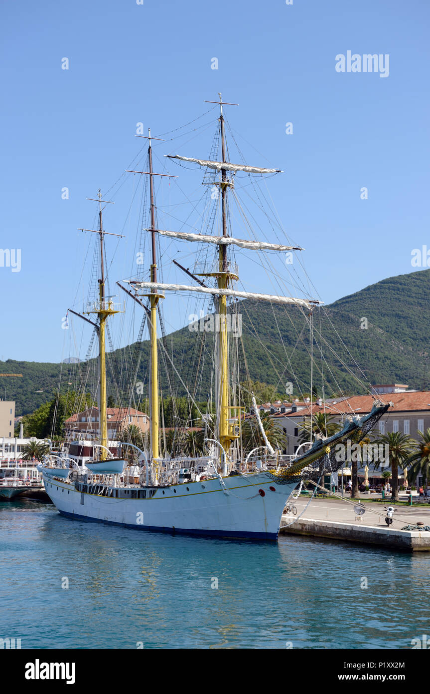 Old training ship Jadran is moored at the pier in Tivat, Montenegro ...
