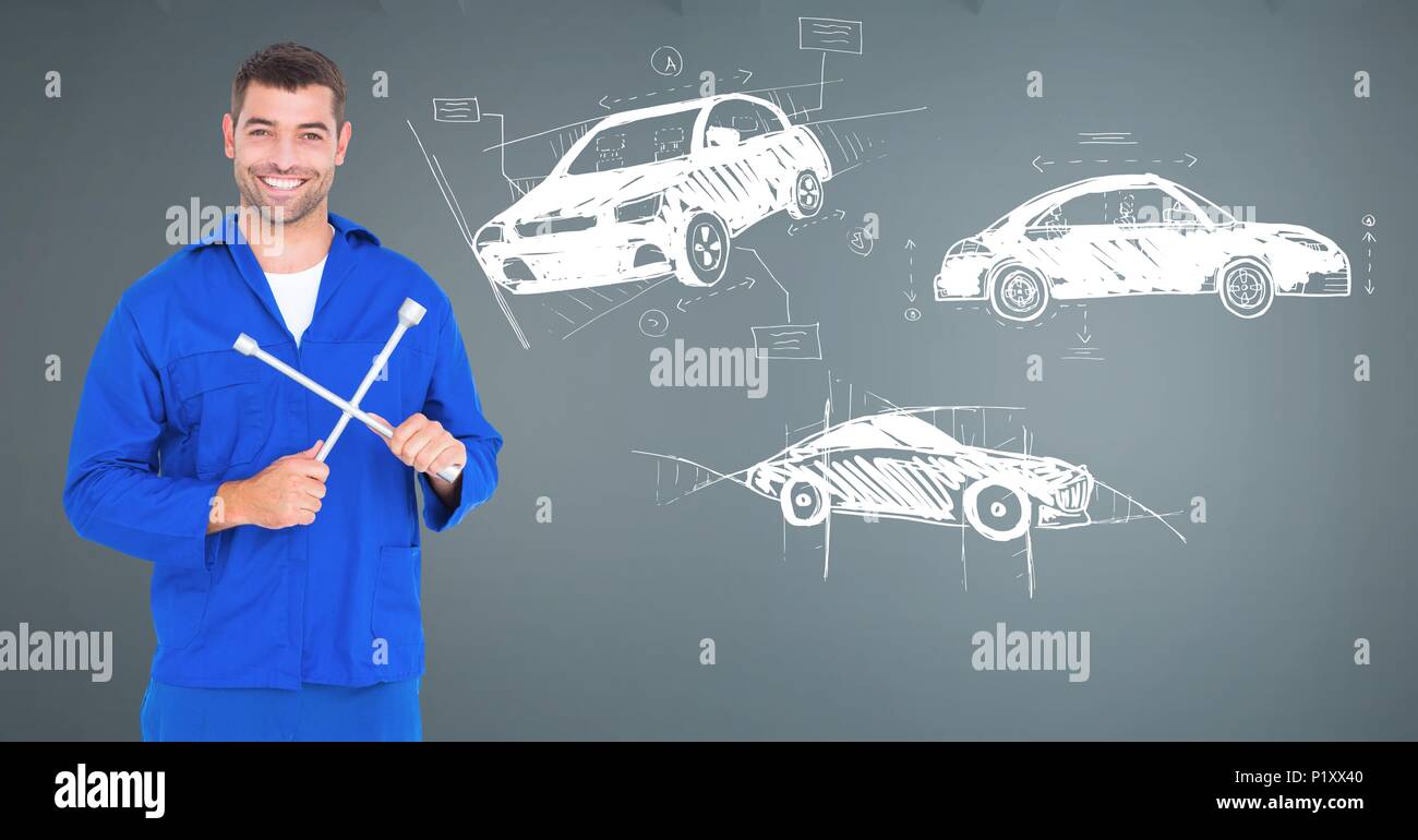Mechanic with sketch of cars hand drawing Stock Photo - Alamy