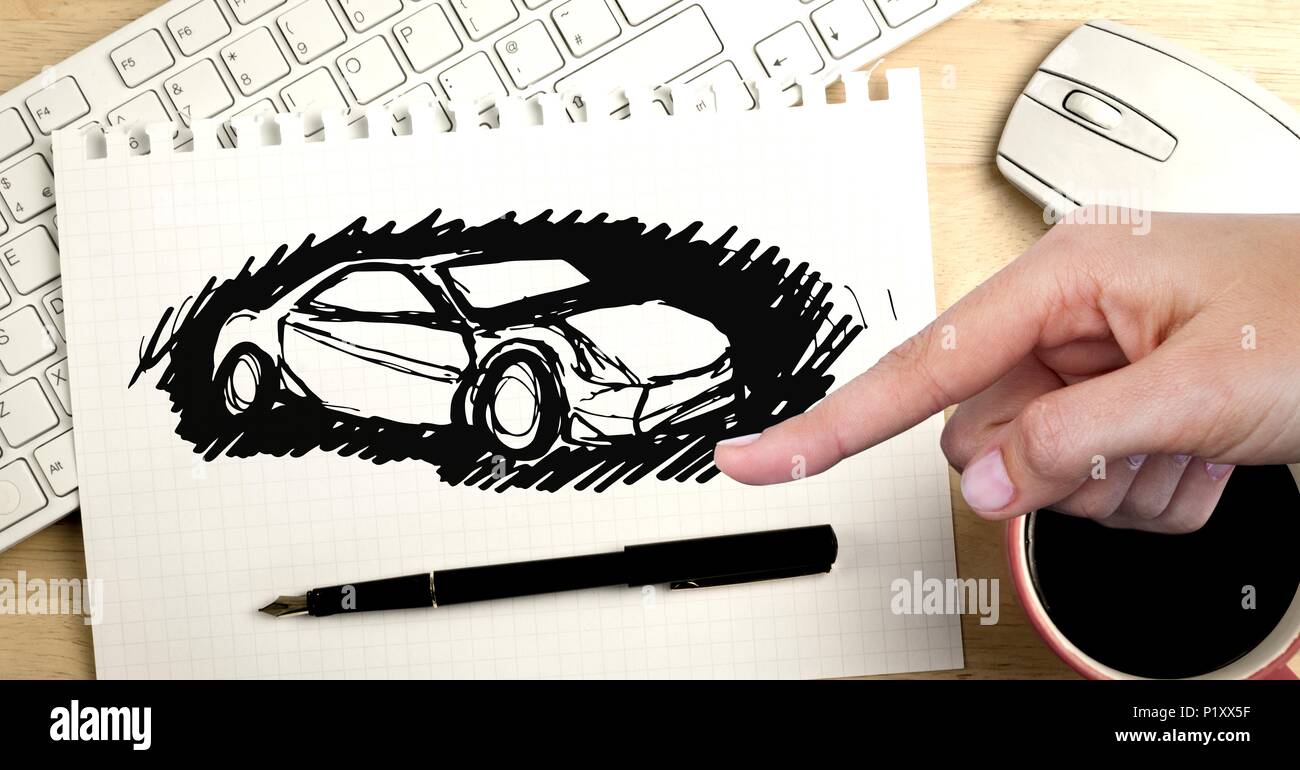 Sketch of car and hand pointing Stock Photo - Alamy
