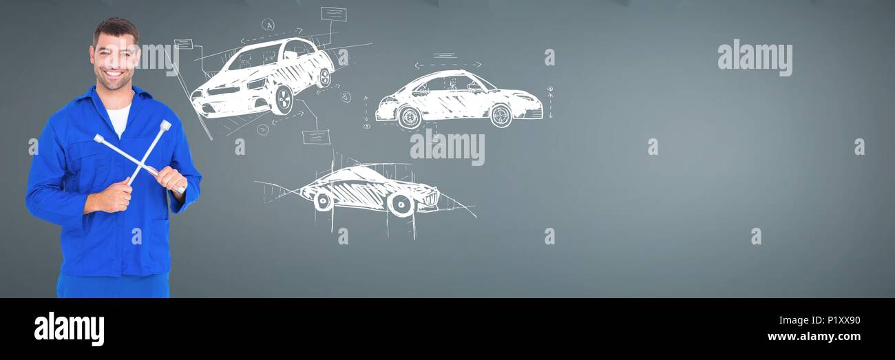 Mechanic with sketch of cars hand drawing Stock Photo - Alamy