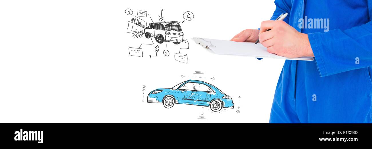 Mechanic with sketch of cars hand drawing Stock Photo - Alamy