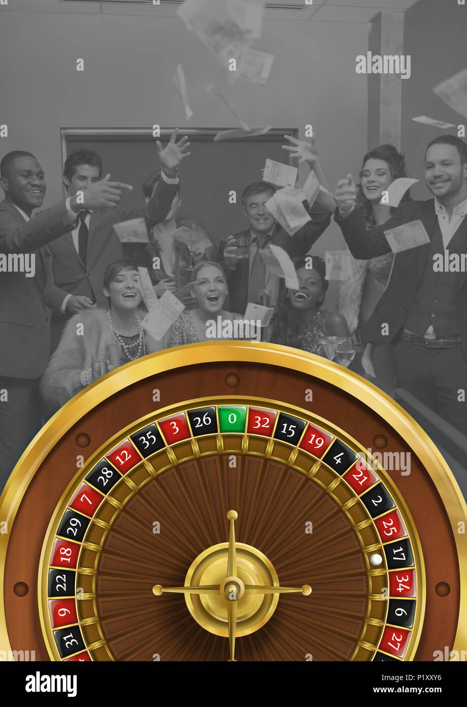 Roulette wheel with group of people celebrating Stock Photo - Alamy