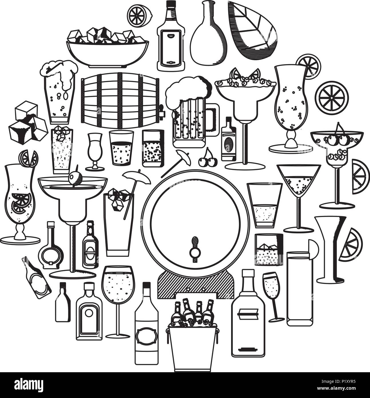 line circle liquor bottles and glass alcohol beverages Stock Vector ...