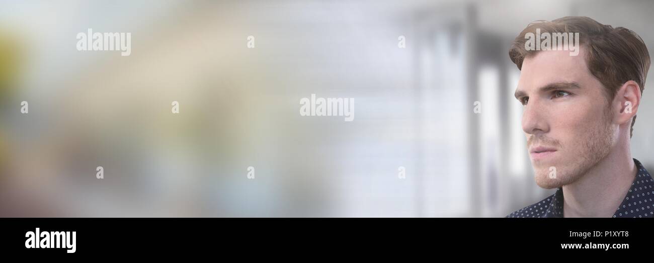 Man looking determined by window with blur transition Stock Photo - Alamy